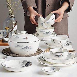 GagalU Stylish Dinner Plates,Ceramics Dinnerware Sets, Landscape Painting Pattern Porcelain Cereals Bowls/Steak Plates/Soup Pot | 48 Pieces Bone China Dinner Combination Set