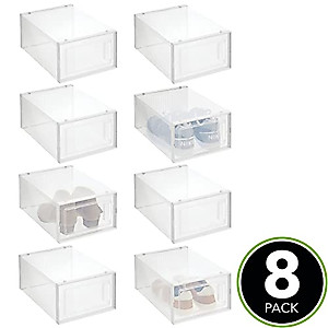 mDesign Stackable Plastic Closet Storage Box with Side Opening Panel- for Organizing Men's and Women's Shoes, Booties, Pumps, Sandals, Wedges, Flats, Heels, and Accessories, 8 Pack - White/Clear