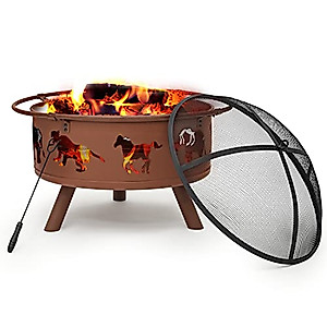 MoNiBloom 32" Wood Burning Fire Pits Horse Pattern Round Metal Firepit Burning Fireplace with Spark Screen Cover and Poker for Patio Backyard Picnic Garden, Red