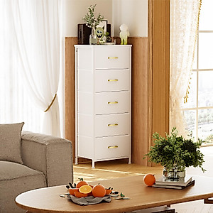 GipGiper White Tall Dresser for Bedroom with 5 Drawers for Closet, Chest of Drawers with Metal Handle, Leather Front, Wood Top, Dresser for Closet, Living Room, Nursery, White