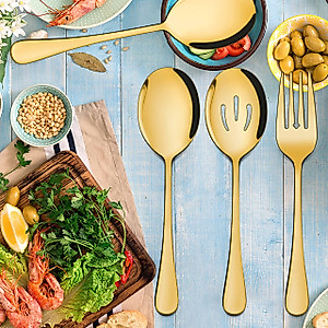 Homikit 3 Pieces Large Gold Serving Spoons, 3 Slotted Serving Spoons and 3 Serving Forks, Stainless Steel Serving Utensils Hostess Set for Catering Buffet, Dishwasher Safe