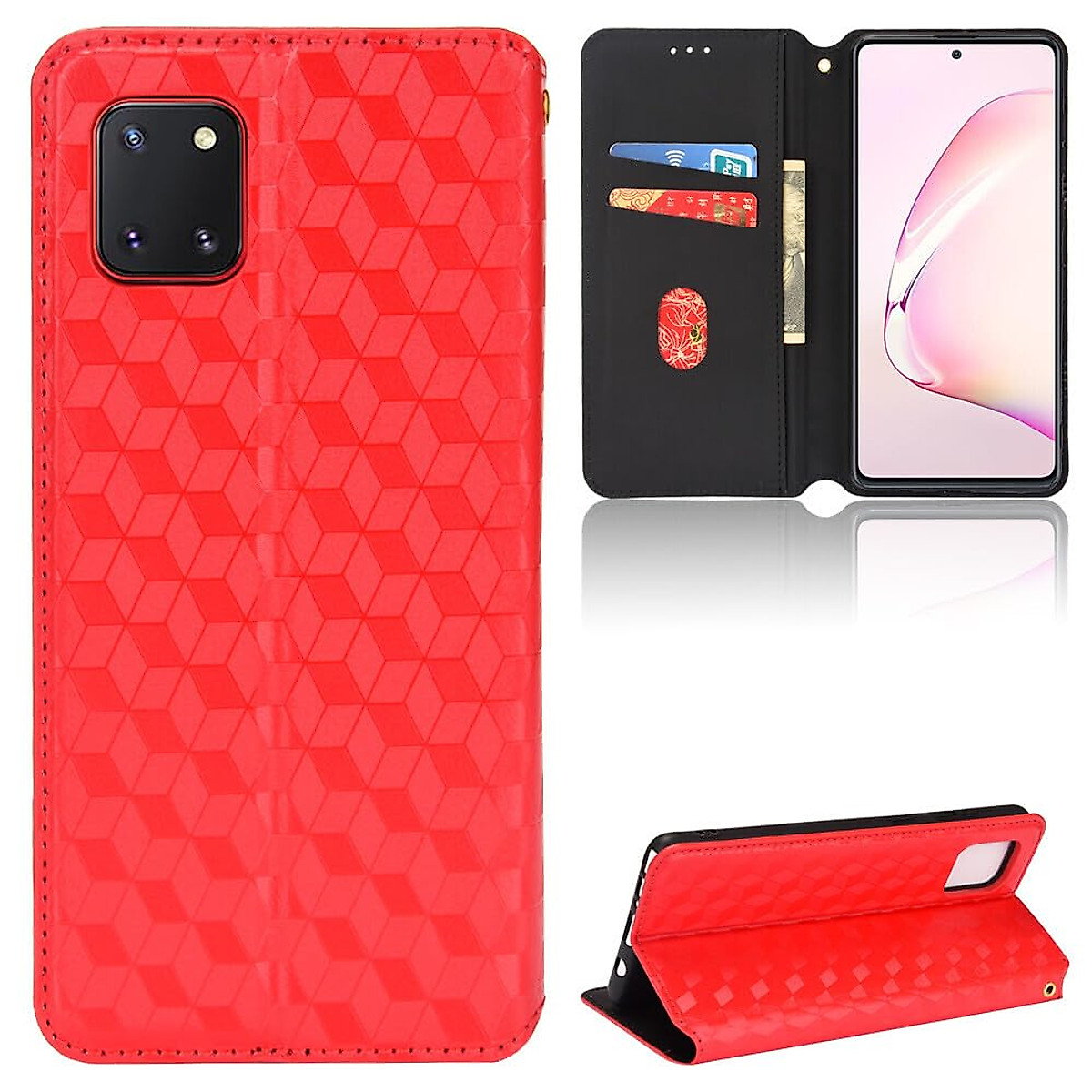 FLOODKING Compatible with Samsung Galaxy Note 10 Lite Phone Case Wallet Genuine Leather Shockproof TPU Case Stand Durable Flip Book Folding Phone Case Red