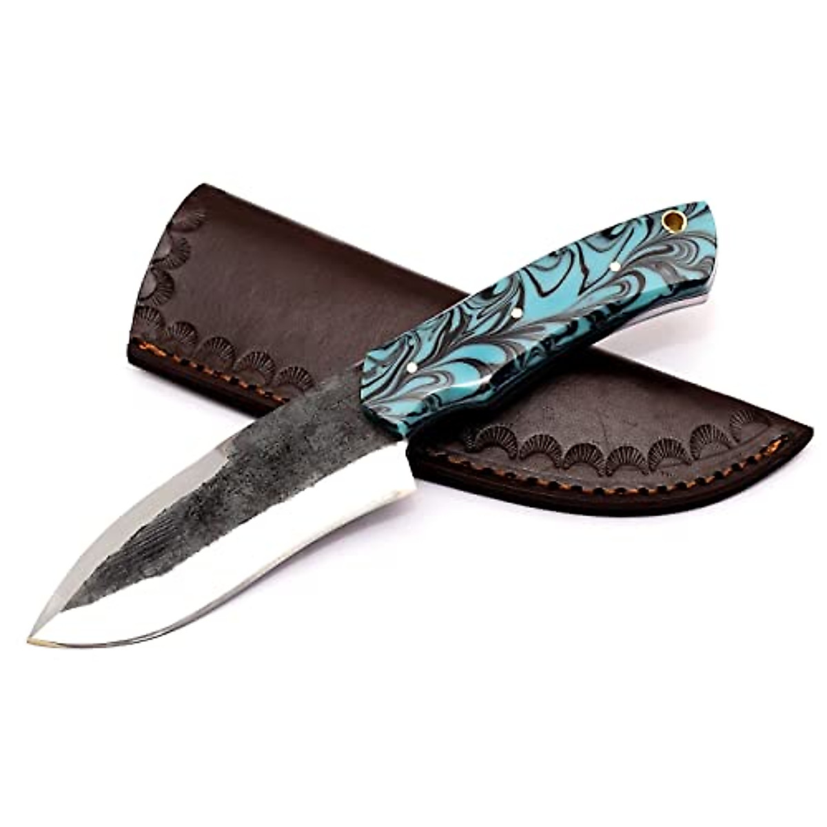 Custom Handmade High Carbon Steel Hunting Skinning Knife Outdoor Camping Hiking Bushcraft Resin American Flag Handle Hand forged Full Tang Knife With Leather Sheath