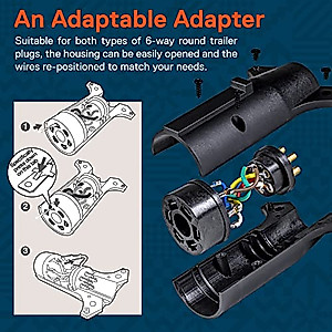 TRUE MODS 7-Way Blade to 6-Way Round Trailer Adapter [Nickel-Plated Copper Terminals] [Rugged Nylon Housing] [Compact Design] 7-pin to 6-pin Trailer Wiring Plug Adapter