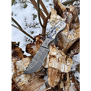 Titan International Knives Damascus Hunting and Camping Knife | Fixed Blade Survival Knive Handmade 1095 4340 Carbon Mix Hand Pounded | Bolster and Dyed Bone Handle with Leather Sheath Perfect for Outdoors