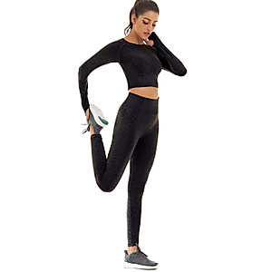Toplook Women Seamless Workout Outfits Athletic Set Leggings + Long Sleeve Top 2 Pieces(Black, Medium)