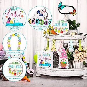 10 Pieces Easter Tiered Tray Decoration Hello Spring Tiered Tray Decor Farmhouse Wood Decor Fresh Flower Market Home Gnome 3D Sign Seasonal Bloom Butterfly Kitchen Wooden Ornament (Rabbit Style)