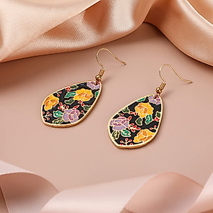 Bohemian Drop Flower Earrings for Women Colorful Floral Pattern Epoxy Resin Tie Dye Lightweight Elegant Vintage Teardrop Dangle Earrings Boho Statement Earrings Jewelry Gift for Her, Black