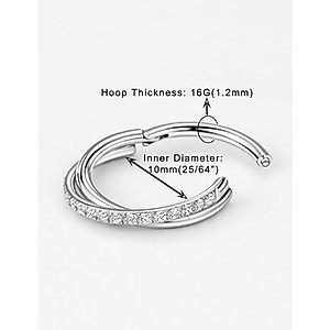 16g 8mm Silver 316L Surgical Steel Septum Rings Cubic Zirconia Nose Piercing Ring Twisted Hinged Nose Rings Hoop Cartilage Earring Lip Tragus Daith Rook Helix Piercing Jewelry 16 Gauge Septum Clicker