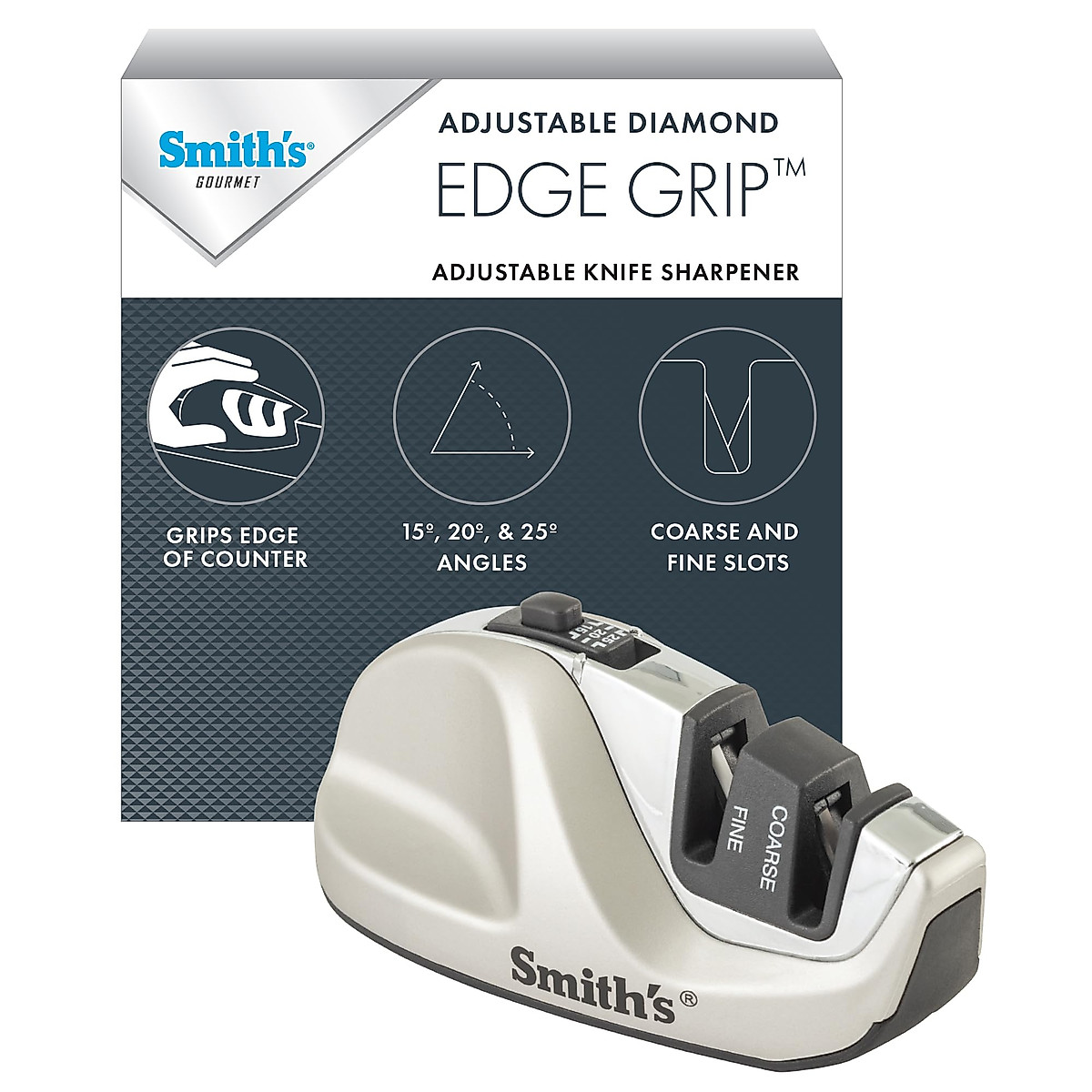 Smith's 51023 Adjustable Diamond Edge Grip Sharpener - Grey - Coarse & Fine Sharpeners - Compact - Stable Non-Slip Base – Pull Through Knife Sharpener