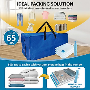 6 Pack Heavy Duty Extra Large Moving Bags with Backpack Straps & Vacuum Storage Bags Moving Supply Combo, Moving Totes with Handles & Zippers for Space Saving, Fold Flat, Includes Vacuum Bags
