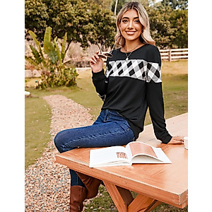 Blooming Jelly Women's Color Block Plaid Shirt Crewneck Sweatshirt Elbow Patches Pullover Sweatshirt Top (Large, Black White Plaid)