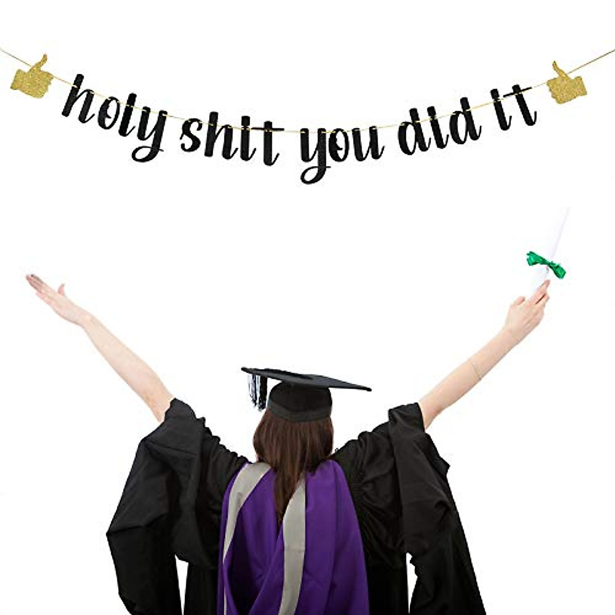 Black Glitter Holy Shit You Did It Banner - Congrats Grad Sign - Funny Graduation Banner - High School/College Graduation Party Decorations
