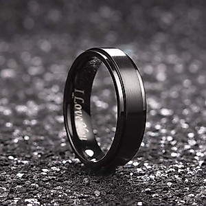 King Will Men 6mm Black Matte Brushed Stainless Steel Ring Stepped Beveled Edge Laser Etched I Love You 8