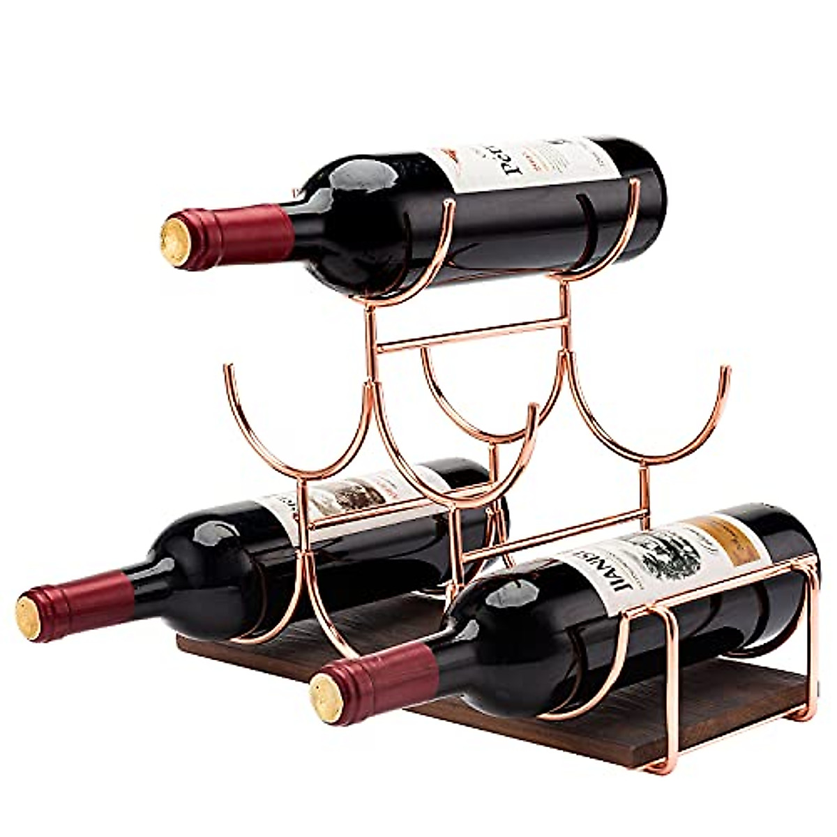 MyGift Rose Gold Wine Rack Countertop, 6 Bottle Modern Tabletop Metal Wire Stacked Wine Holder Stand with Burnt Wood Base
