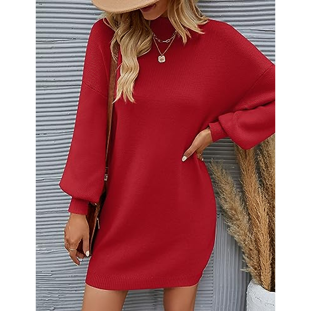 ZESICA Women's 2023 Fall Turtleneck Sweaters Dress Oversized Long Lantern Sleeve Casual Knit Pullover Short Dresses,Red,Small