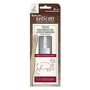 TropiClean Enticers Teeth Cleaning Gel & Toothbrush for Large Dogs | Hickory Smoked Bacon Flavor | Bamboo Brush Speeds Up Plaque Removal | Gel Helps Fight Bad Breath | 2 oz