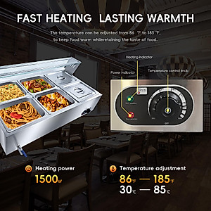 GAOMON 6-Pan Commercial Food Warmer, Electric Steam Table 12QT/ Pan, 1500W Countertop Stainless Steel Buffet Bain Marie with Tempered Glass Cover, Temperature Control for Buffet Party Restaurant
