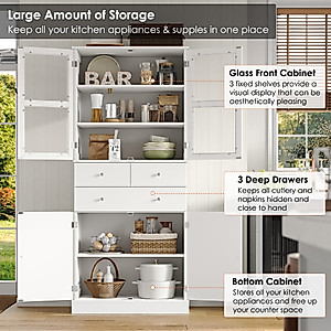 HOSTACK 71" Tall Kitchen Pantry Storage Cabinet, Freestanding Bar Cabinet with Glass Doors and Shelves, Hutch Cabinet with 2 Drawers, Cupboard for Living Room, Dining Room, White