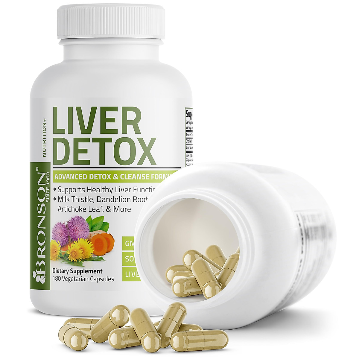 Bronson Liver Detox Advanced Detox & Cleansing Formula Supports Health Liver Function with Milk Thistle, Dandelion Root, Turmeric, Artichoke Leaf & More, Non-GMO, 180 Vegetarian Capsules