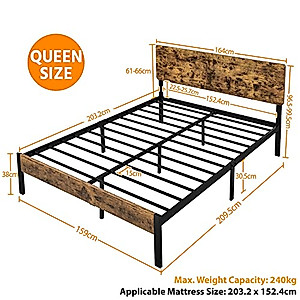 Yaheetech Metal Platform Bed Frame Queen with Wood Headboard and Iron Slats, Rustic Country Bed Base with Mattress Foundation/Strong Slats Support/12 Inch Underbed Storage/No Box Spring Needed, Brown