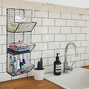 3-Tier Wall Mounted Storage Basket Foldable Organizer, Hanging Metal Wire Basket with Chalkboards, Kitchen Fruit Produce Pantry Bathroom Laundry Organization Office Garage Storage, Black