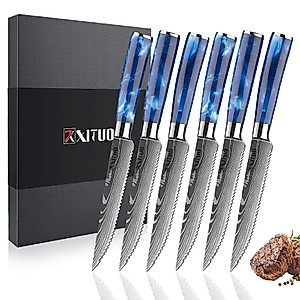 XT XITUO Serrated Steak Knife Set - 6pcs Premium 4.5 inch Kitchen Cutting Steak Knives, German Stainless Steel KnifeTable Dinner Knife with Blue Resin Handle for Home Restaurant, Gift Box