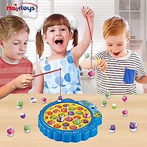 Haktoys Fishing Game for Kids and Toddlers - Rotating Fish Board with 21 Fish, 4 Poles, and Music On/Off Switch for Quiet Play Option - Fun Educational Toy for Boys & Girls