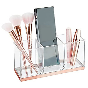 mDesign Plastic Makeup Organizer Caddy Bin with 3 Sections for Bathroom Vanity Countertops or Cabinet: Stores Makeup Brushes, Eye and Lip Pencils, Lipstick, Lip Gloss, Concealers - Clear/Rose Gold