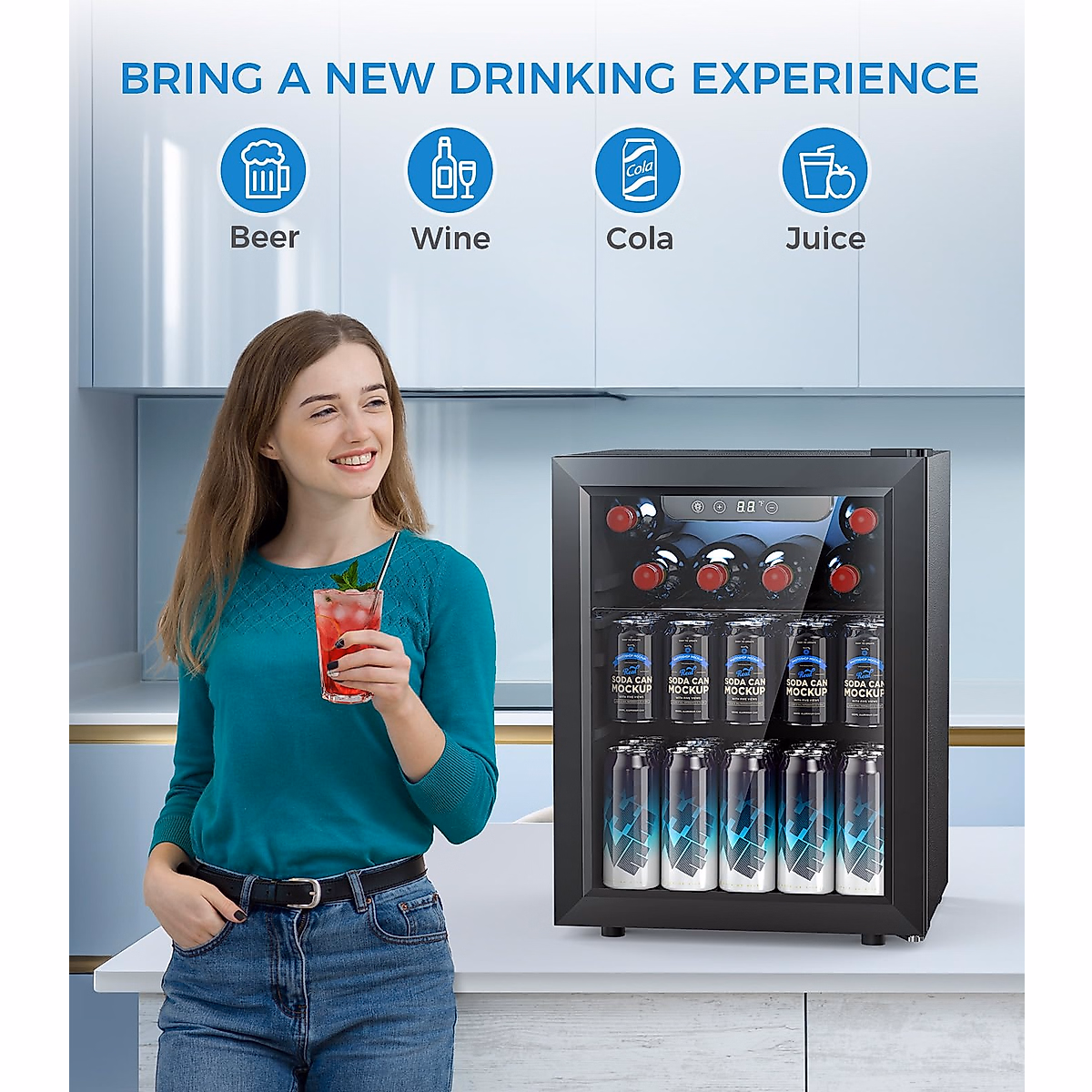 Joy Pebble Beverage Refrigerator and Cooler,1.7 Cu.ft,68 Can Mini Fridge Clear Glass Door for Wine Soda Beer,16 Bottle Wine Cooler with Touch Screen Adjustable Shelves for Home Bar Office,Black