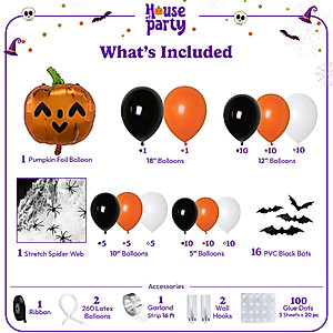 HOUSE OF PARTY Halloween Balloon Garland Kit 80 Pcs - 5/10/12/18 Inch Orange and Black White Balloon Arch with 1 Pumpkin Foil Balloon, PVC Bats & Spider Web For Halloween Party Decorations