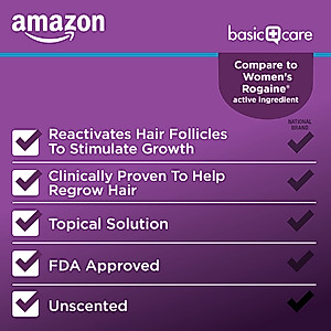 Amazon Basic Care Minoxidil Topical Solution USP, 2% Hair Regrowth Treatment for Women, 3-Month Supply, Unscented, 2 fl oz (Pack of 3)