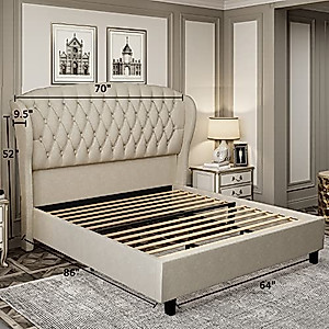 PaPaJet Queen Size Platform Bed Frame, Linen Curved Upholstered Bed with Shell Wingback Headboard/Deep Button Tufted/No Box Spring Needed/Beige