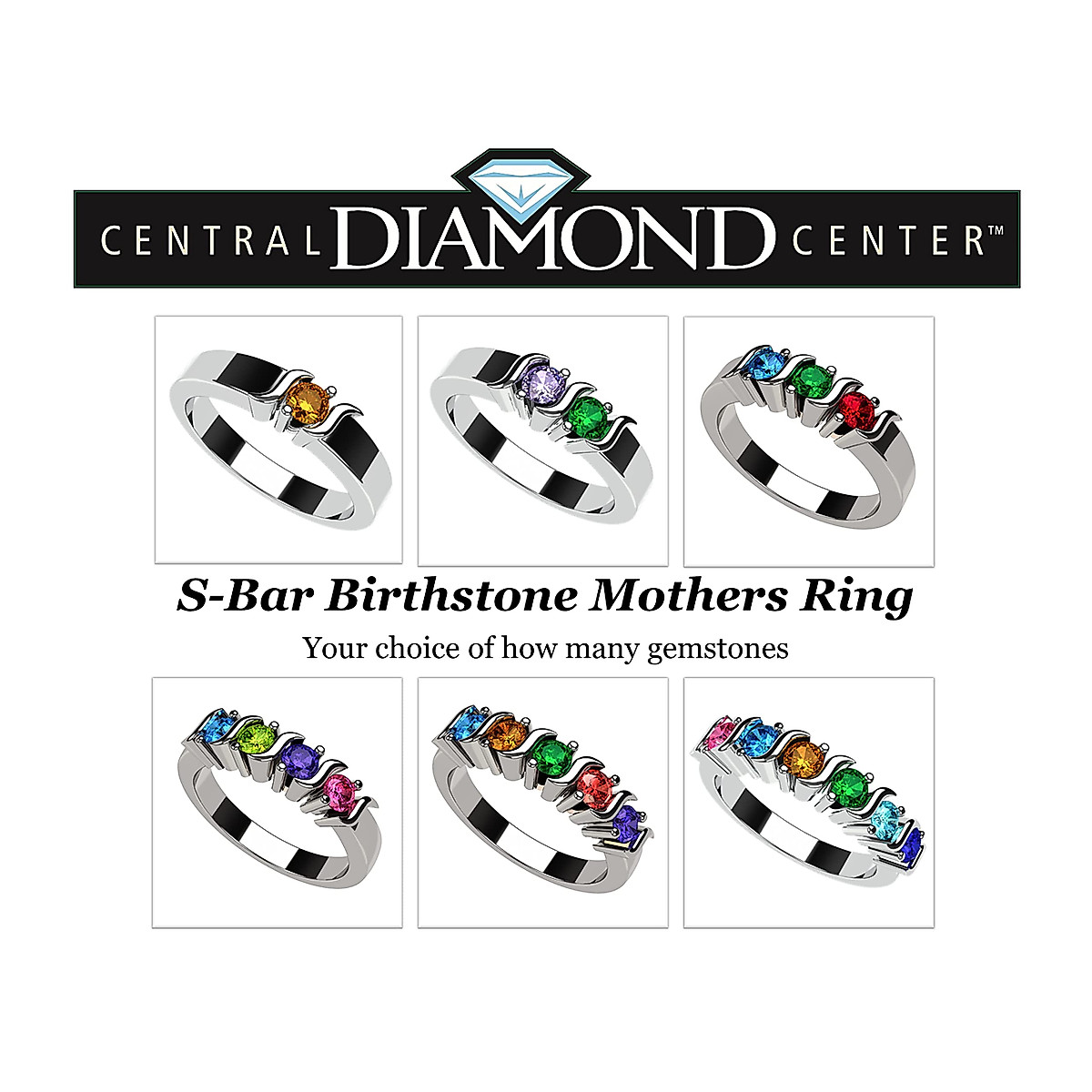 Central Diamond Center S-Bar Mothers Ring 1 to 6 Simulated Birthstones - 14k White Gold - Size 8
