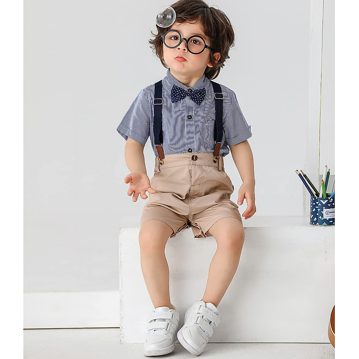 Baby Boys Gentleman Outfits Suits, Infant Blue Shirt+Bib Shorts+Tie+Suspenders Clothing Set,3-6M