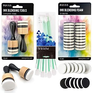 Pixiss Mini Ink Blending Tools, 2 Pack Round with 24 Replacement Foam Pads, 10 Stick Blending Tools for Distressing, Blending and More