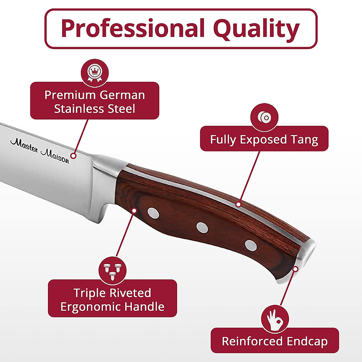 Master Maison Walnut Kitchen Knife Set With Knife Block & Bonus Cleaver | German Stainless Steel Knives With Knife Sharpener & 8 Steak Knives | Butcher Block Knife Sets For Kitchen