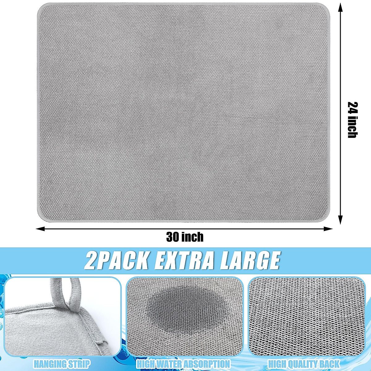 Hushee 2 Pack Extra Large Dish Drying Mat 30 x 24 XL Microfiber Absorbent Dish Drying Pad Large Size Dishes Drainer Mats for Countertop, Sink, Refrigerator or Dryer