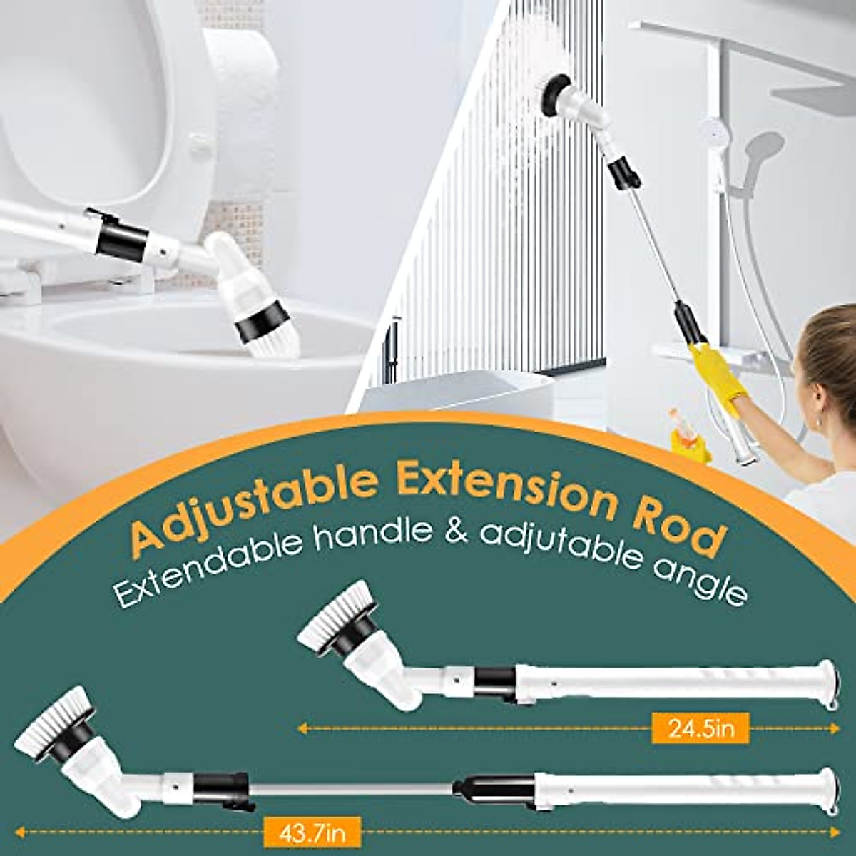 Electric Spin Scrubber, GOFOIT Cordless Shower Scrubber for Cleaning Bathroom, Tile, Floor, Tub and Power Cleaning Brush with Adjustable Extension Handle and 5 Replaceable Rotating Brush Heads