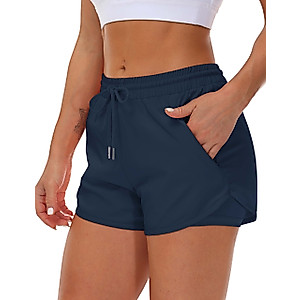 Mancreda Women's Running Shorts with Liner 3 Zipper Pockets Elastic Workout Athletic Gym Yoga Shorts(NA,M) Navy