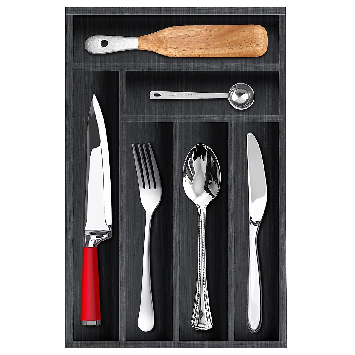 Ayiaren Kitchen Wood Utensil Tray Drawer Organizer, Wooden Cutlery Tray Silverware Drawer Divider 14.6"x9.5" Flatware Organizer Black Bamboo Silverware Tray Cutlery Utensil Holder for Drawer Tray