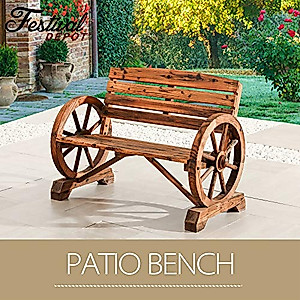 Sports Festival 2-Person Wagon Wheel Wood Bench Outdoor Patio Loveseat with Wheel Armrest and Slatted Seat Rustic Log Furniture Handled with Burnt Finish for Porch Garden Backyard