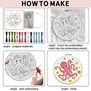 INFUNLY 4 Sets Embroidery Kit for Beginners with Sea Animals Pattern DIY Embroidery Kit for Adults Ocean Embroidery Art Kit Cross Stitch Kit for Adults with Plastic Embroidery Hoops Threads Needles