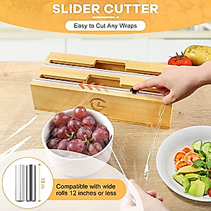 Wrap Organizer with Cutter and Labels, 2 in 1 Plastic Wrap Dispenser with Cutter,Foil and Plastic Wrap Organizer, Aluminum Foil Dispenser Organization and Storage - Fits 12" Roll