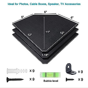 DUICIRX Corner Wall Shelves, Wood Corner Floating Shelves with Cable raceway, Wall Mount Storage Display for TV Accessories, Monitor, Speaker, Cable Box, Game Console (Black, Diamond- 12 Inch)