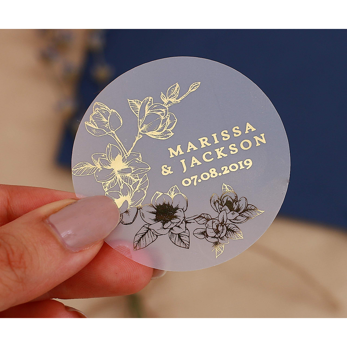 XOXOKristen Custom Wedding Stickers for Favors, Clear Wedding Envelope Seals, Gold Wedding Stickers for Favors, Personalized Floral Rose Gold Wedding Favors Stickers Labels, Custom Name Stickers