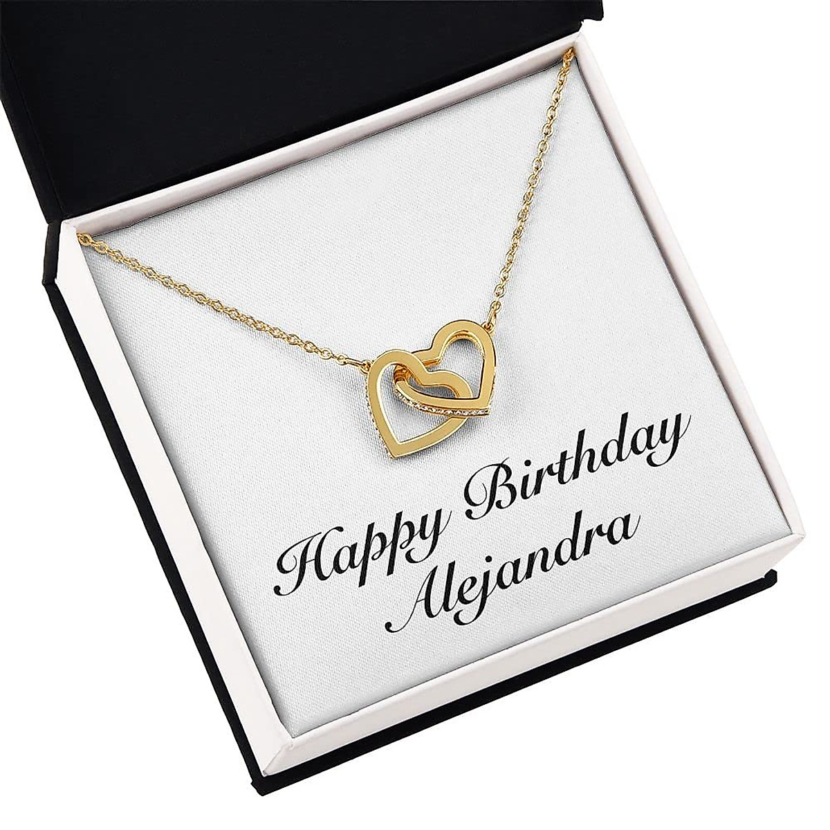 Happy Birthday Alejandra - 18K Yellow Gold Finish Interlocking Hearts Necklace Personalized Name