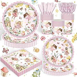 120PCS Fairy Party Supplies for Girls 1st 2rd First Birthday Fairies Enchanted Themed Baby Shower Party Decorations Garden flower Tableware Set Paper Plates Napkins Forks for 20 Guests