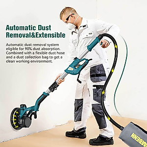 Drywall Sander, WAABENN Foldable Retractable Wall Sander 750W, 800-1750rpm speed, 6 Adjustable Speeds, 12pcs Sandpaper, LED Light with Automatic Vacuum System
