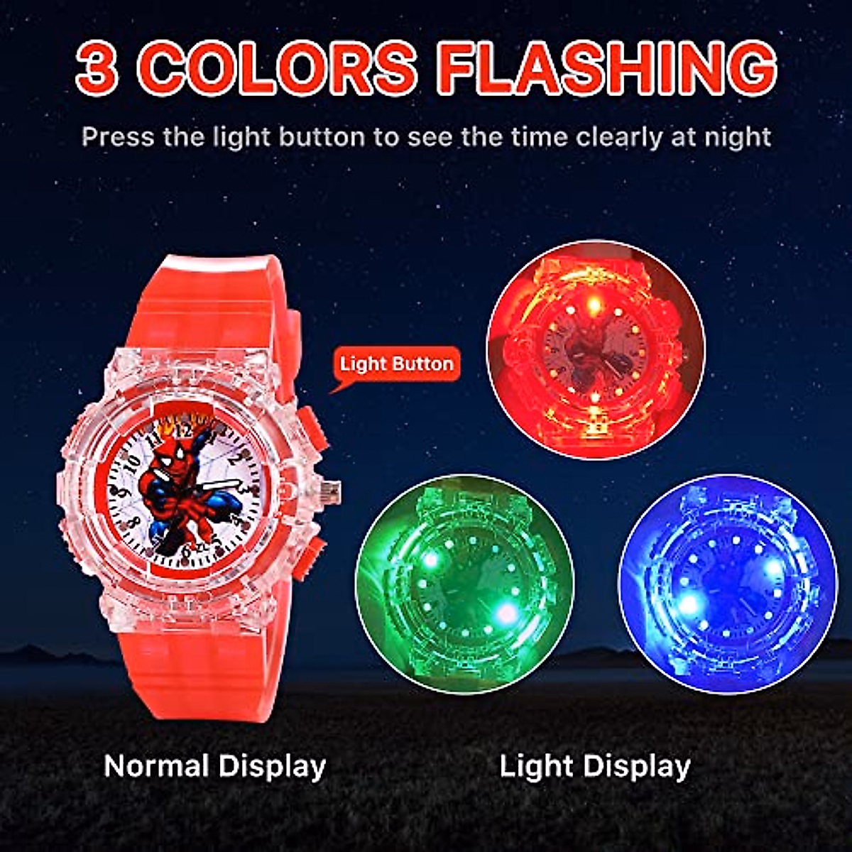 Joyday Kids Watch, Superhero Analog Watch for Boys Girls, 3 Colors Flashing Cool Inexpensive Gift for Toddlers, Red